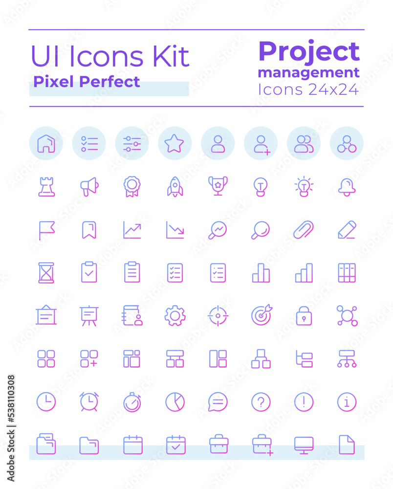 Project management pixel perfect gradient linear ui icons kit. Line ...