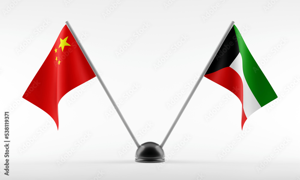 Stand with two national flags. Flags of China and Kuwait. Isolated on a ...