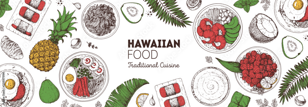 Hawaiian food top view vector illustration. Food menu design template ...