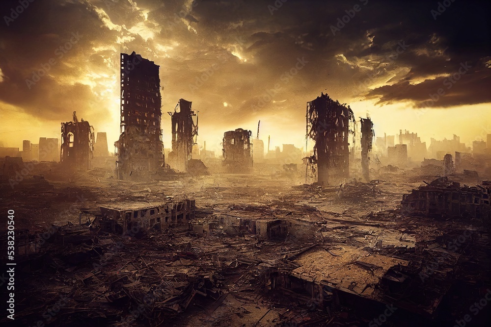 A post-apocalyptic ruined city. Destroyed buildings, destroyed roads, blown up skyscrapers. The ...