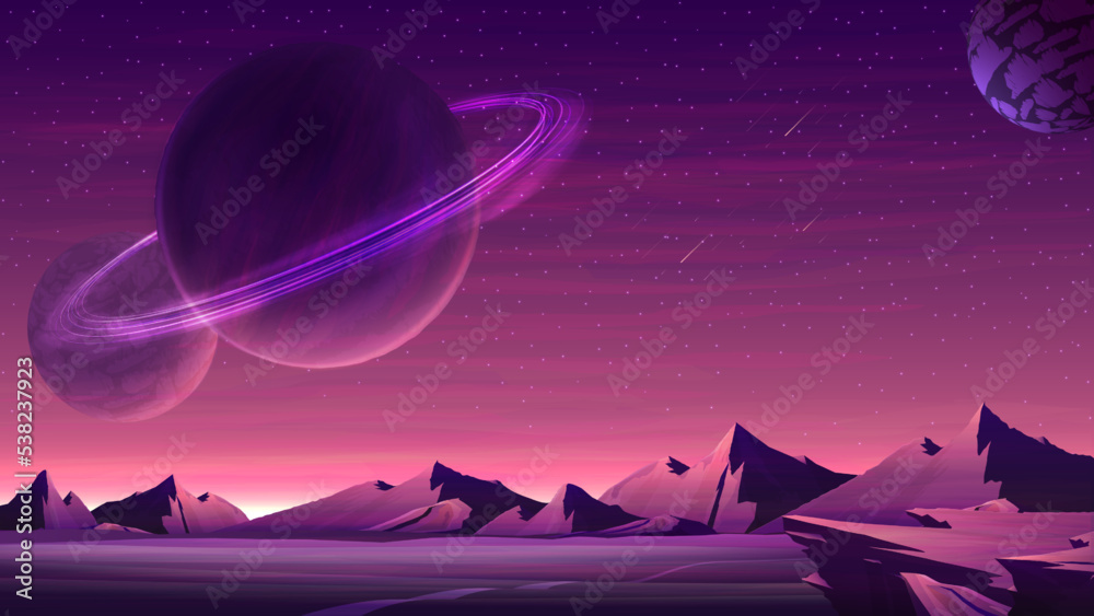 Mars purple space landscape with large planets on purple starry sky ...