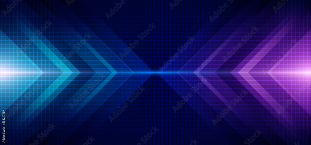 Abstract blue and purple arrow glowing with lighting and line grid on ...