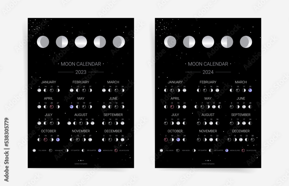 Set of one page moon calendars for 2023 and 2024 years. Black lunar ...