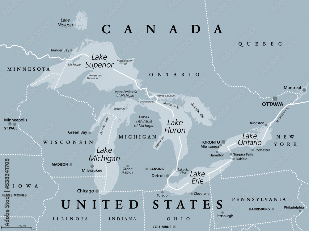 Great Lakes of North America, gray political map. Lakes Superior ...