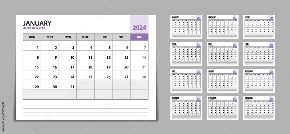 Monthly calendar template for 2024 year, Desk calendar 2024 Set, Week ...