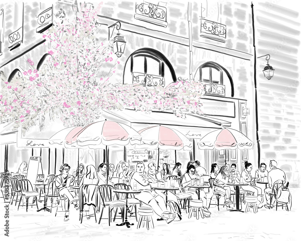 Hand drawn illustration. People enjoy the day at a Cafe in Paris ...