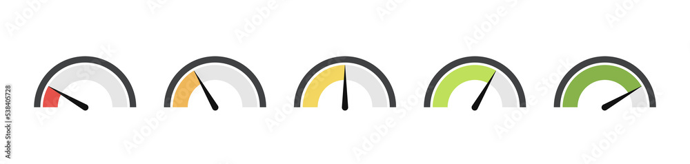 Dashboard colorful speedometer icons set. Vector scale, level of ...