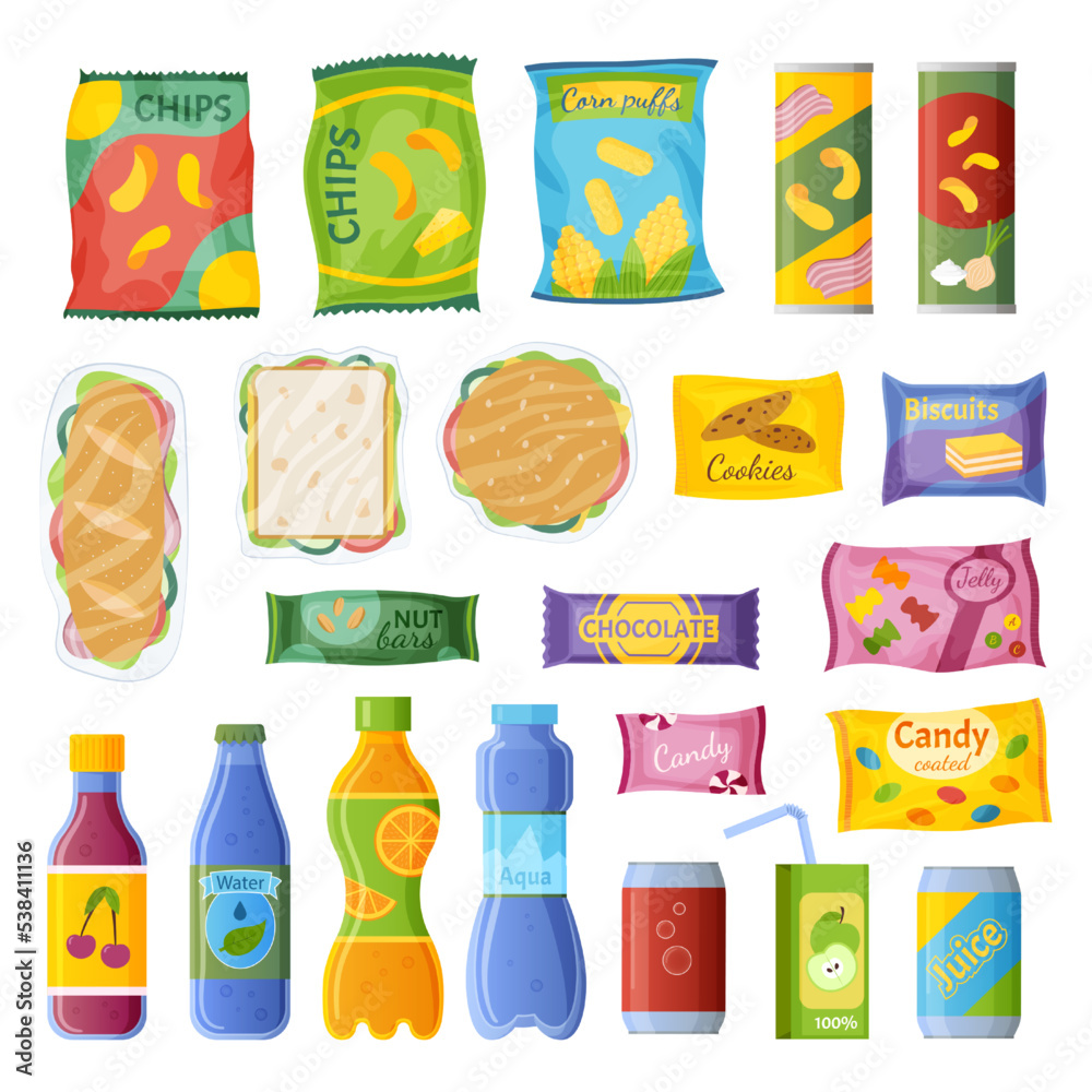 Snack set, candy and chips, drink packet package. Biscuit box, sandwich ...