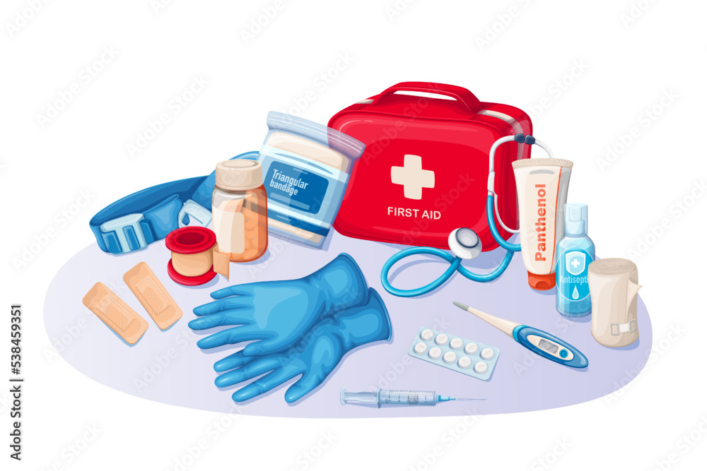 เวกเตอร์ Stock First aid kit vector illustration. Cartoon isolated red ...