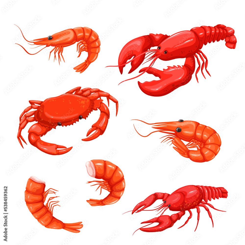 Crustacean sea animals set vector illustration. Cartoon isolated ...