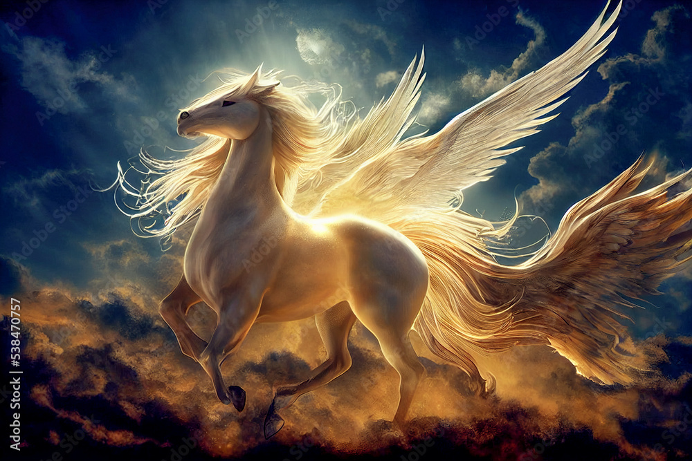 Majestic Pegasus horse flying high above the clouds. Flight of the ...