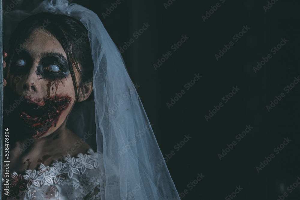Portrait of asian woman make up ghost bride death and blood the horror ...