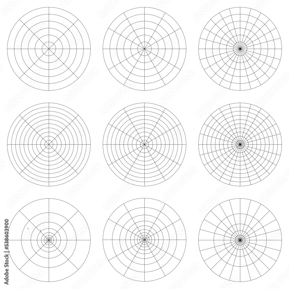 Black polar grid, concentric circles, radial dividers. Mandala template ...