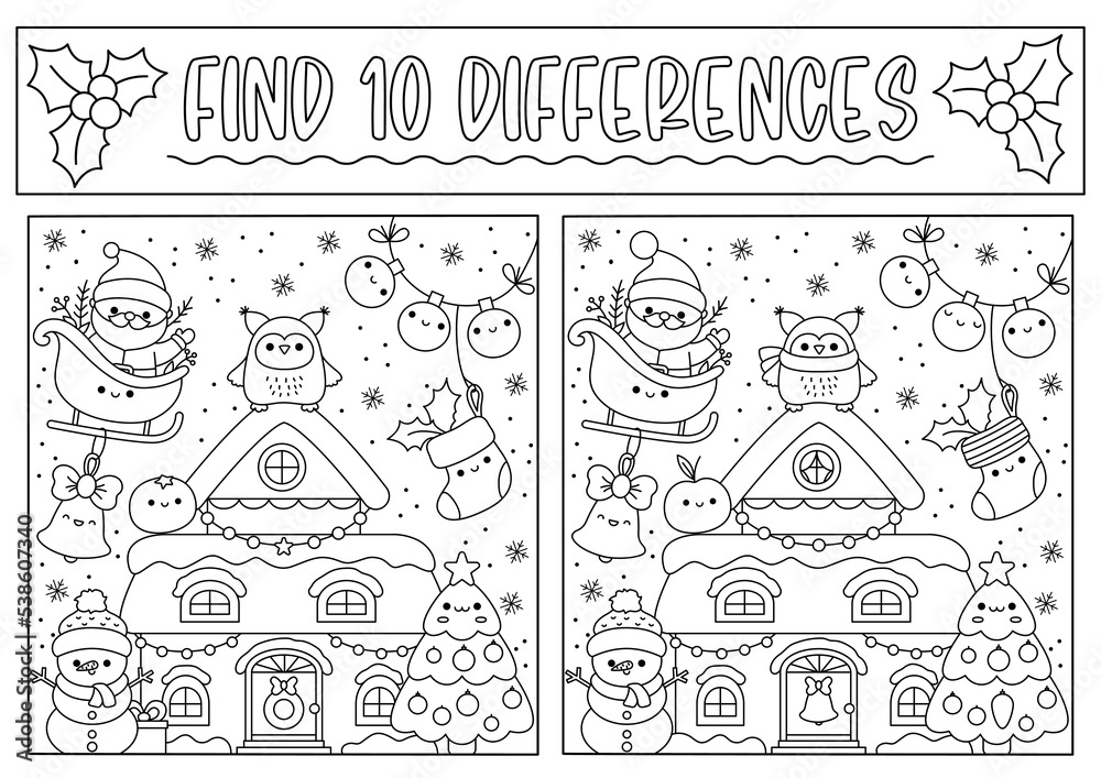 Christmas black and white find differences game for children. Attention ...