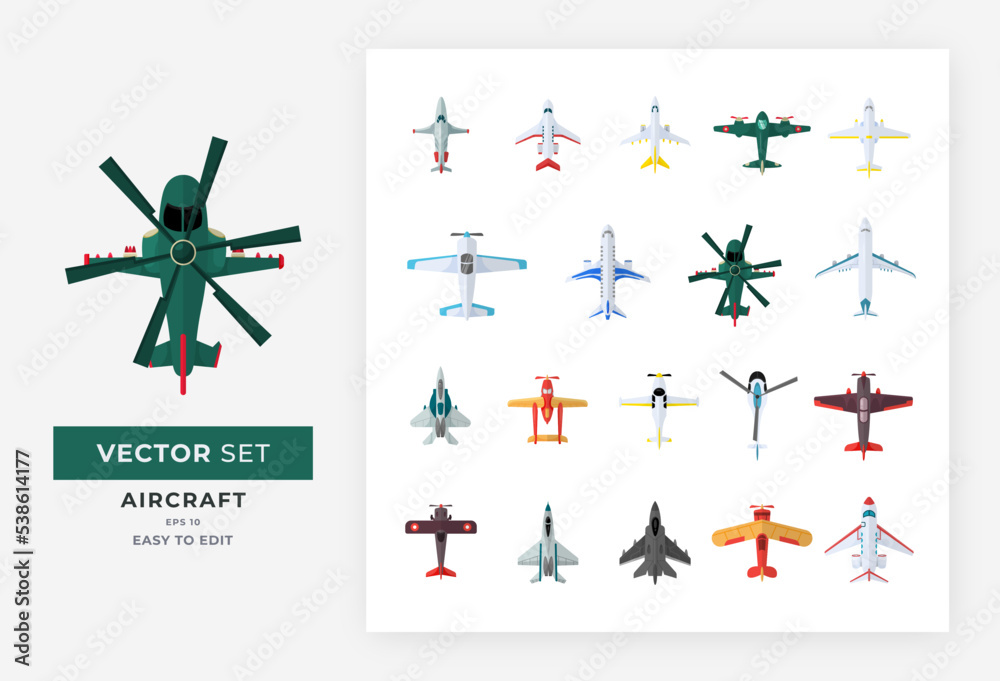 Aircraft colorful set vector illustrations. Vector collection of flat ...