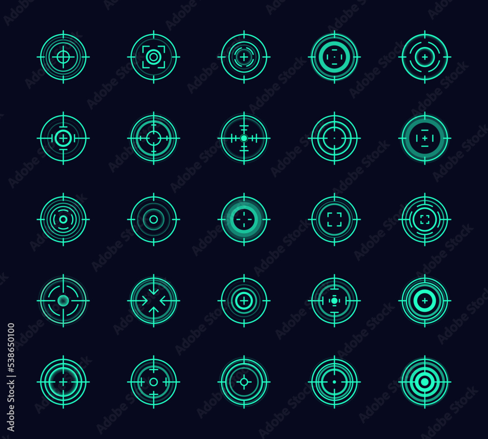 Target aim icon set. Crosshair or sight icons. Aiming to bullseye signs ...