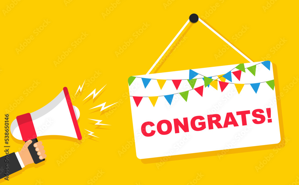 Congrats banner. Congratulation sign board with colored bunting flags ...