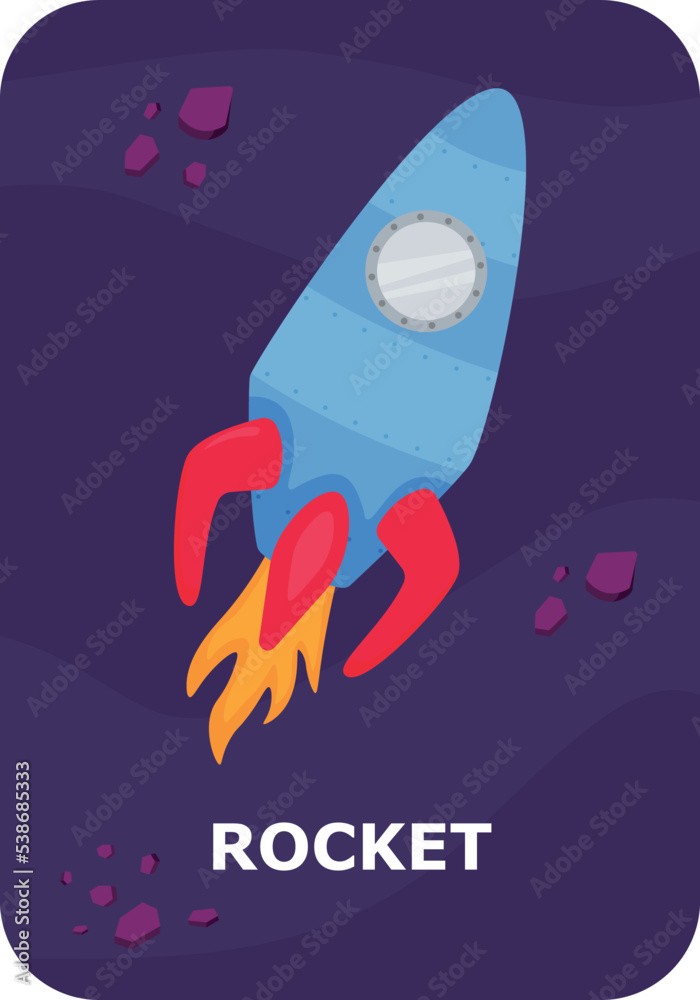 Rocket. Space flashcards for kids. Vector illustrations of solar system ...