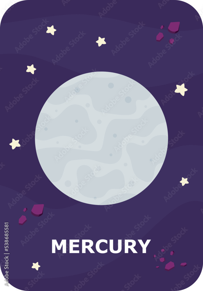 Mercury planet. Space flashcards for kids. Vector illustrations of ...