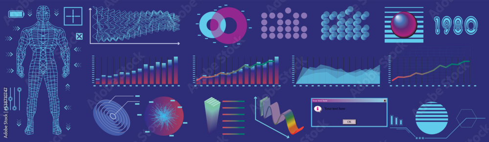 Stock-Vektorgrafik „Vector set of cyberpunk HUD elements, futuristic dashboard template with ...