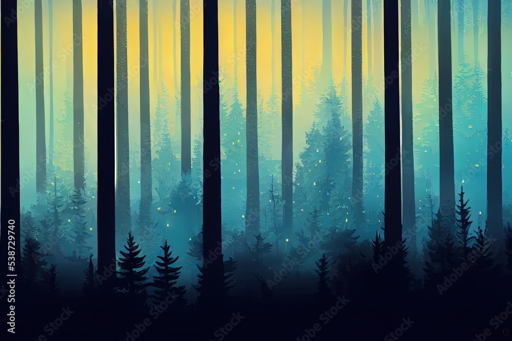 mysterious forest. Background landscape at night twilight foggy forest ...