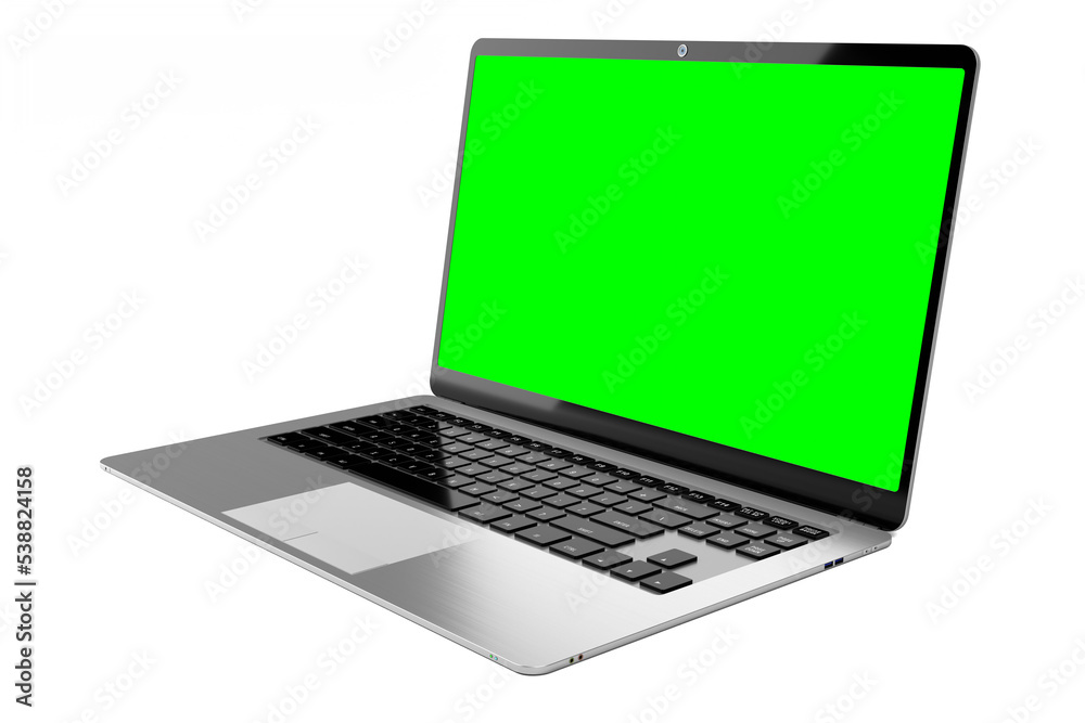 Modern laptop with green screen isolated on transparent background - 3D ...