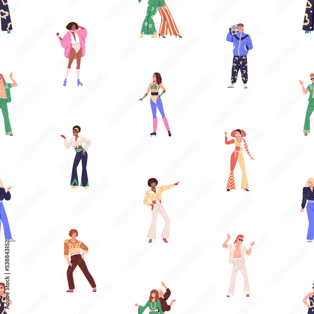 Retro party pattern with fashion people dancing to 80s music. Seamless ...