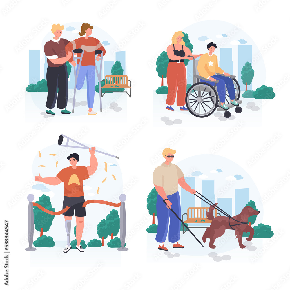Disabled people concept scenes set. Handicapped person walking with ...
