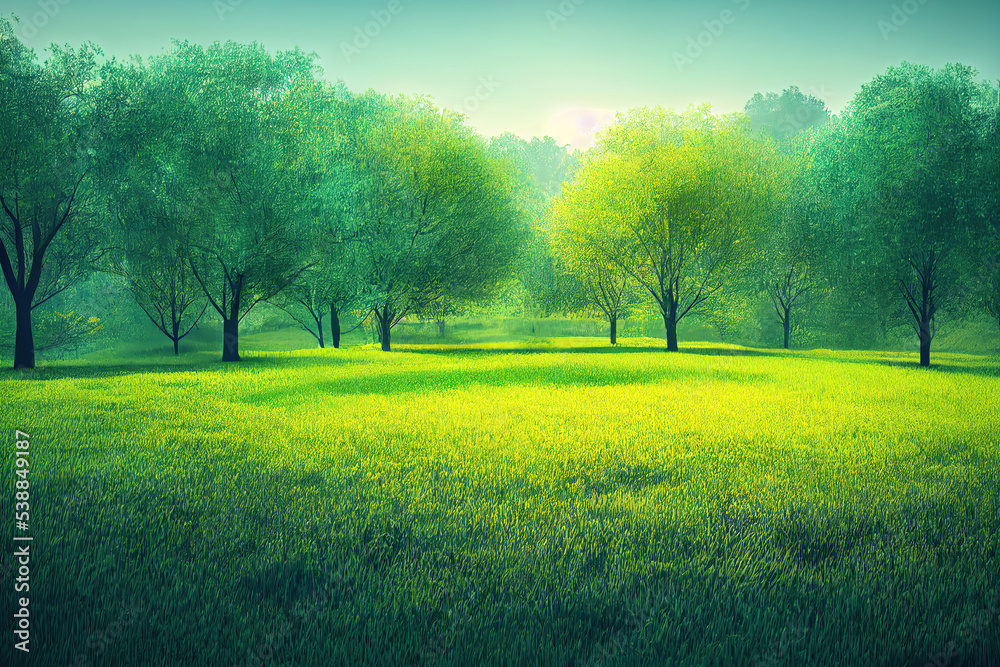 Beautiful spring forest background illustration, nature green grass ...