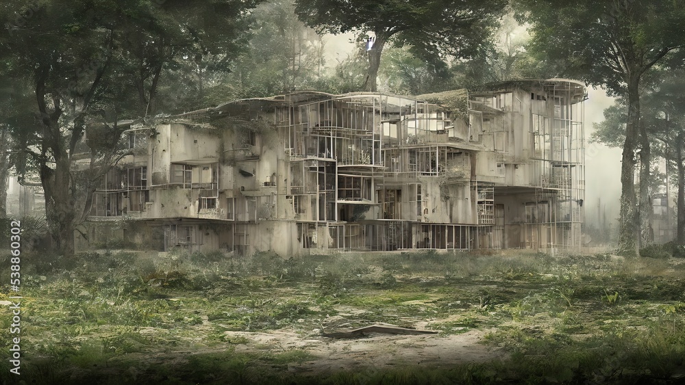 Architecture of the future, a ruined city overgrown with greenery ...