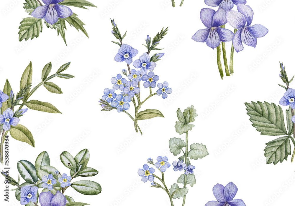 watercolor drawing seamless pattern with blue spring flowers and green ...