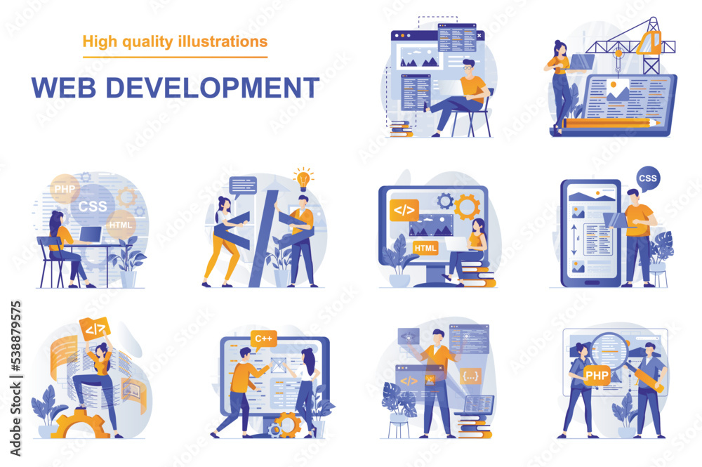 Web development concept with people scenes set in flat style. Bundle of designers working and ...