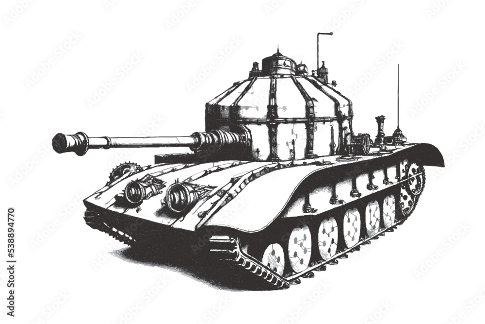 Steampunk battle tank. Fighting armoured vehicle. Doodle sketch. Vector ...