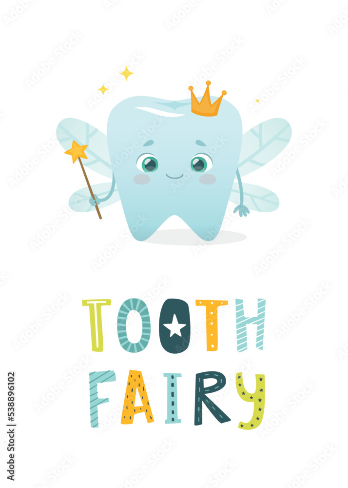 Cartoon tooth fairy poster. Cute dentistry mascot. Dental banner for ...