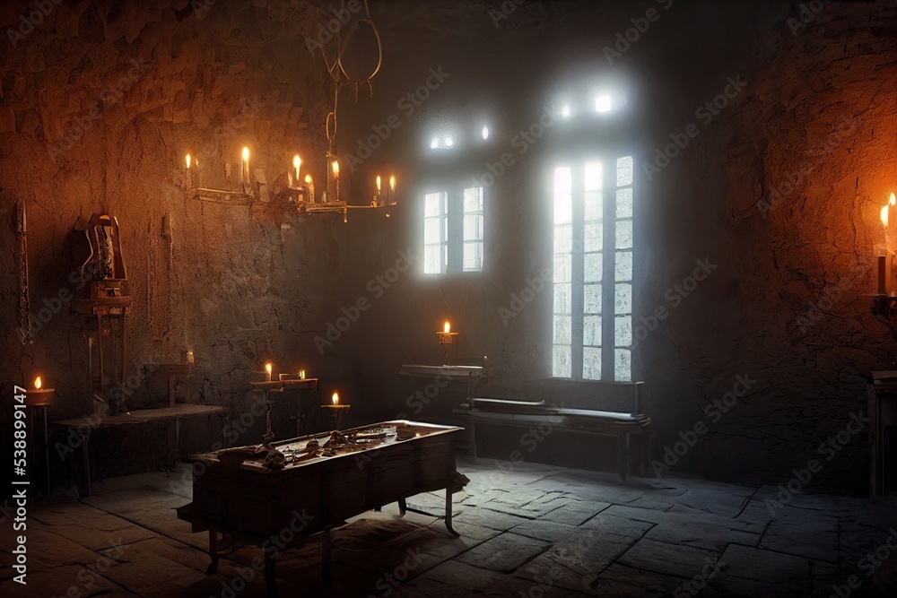 Dracula castle's torture inquisition chamber with torture tools and ...