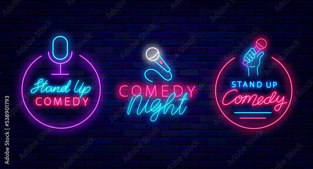Stand up comedy neon signboards collection. Comic night show. Light ...