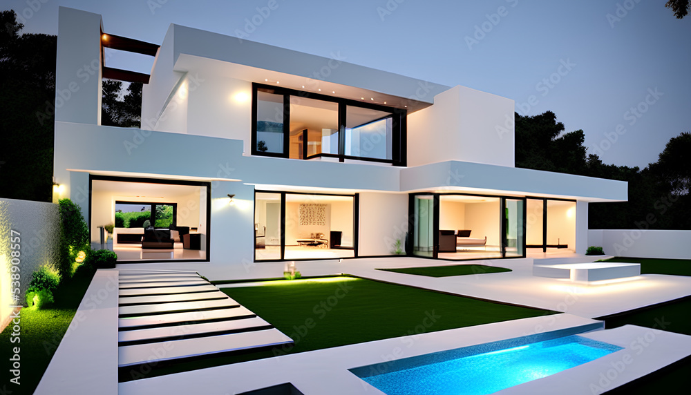 Elegant, modern and luxury house exterior design concept in white color ...