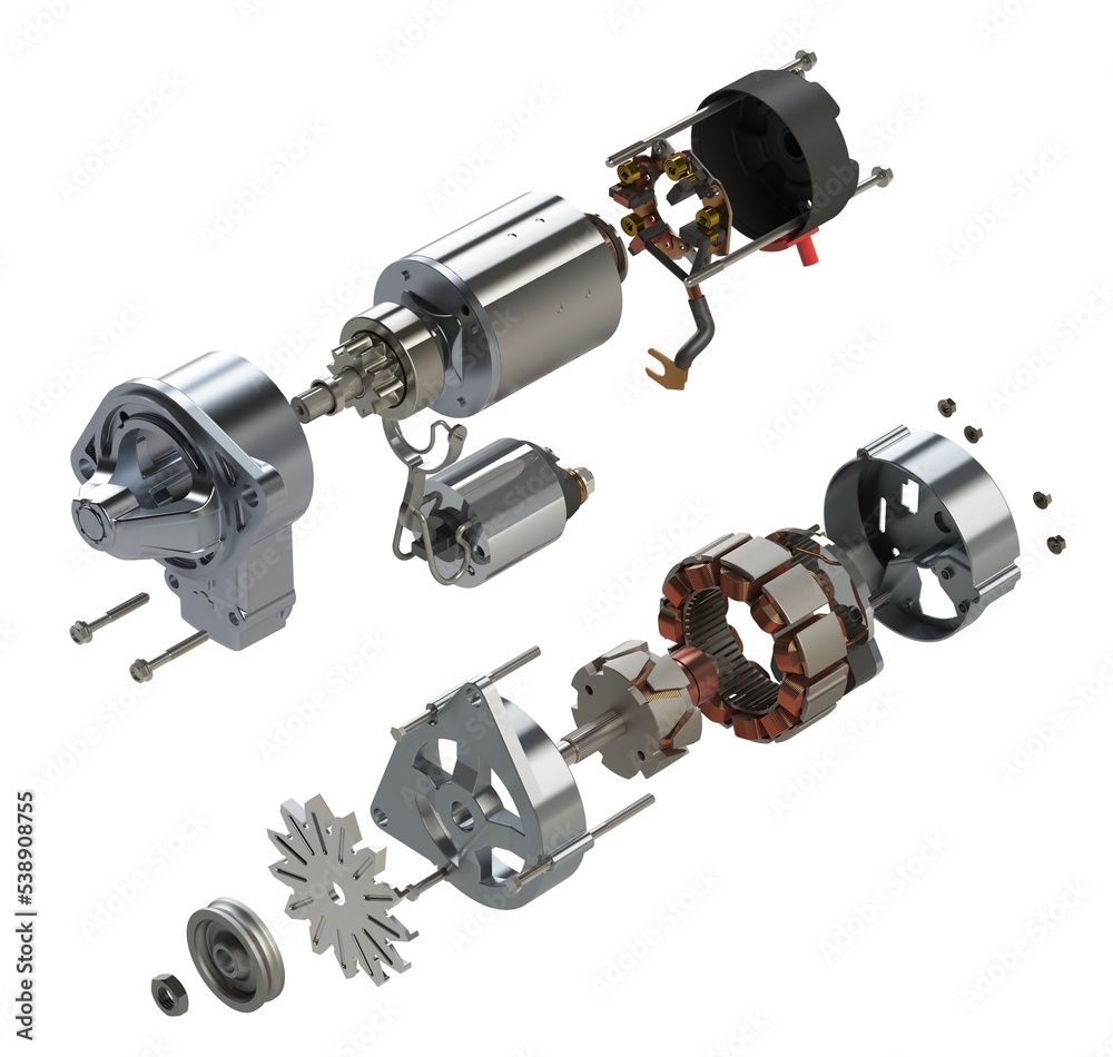 Car starter and alternator in exploded view 3D illustration isolated on ...