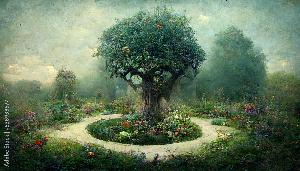 Garden of eden with the tree of life, tree of knoledge, beautiful ...