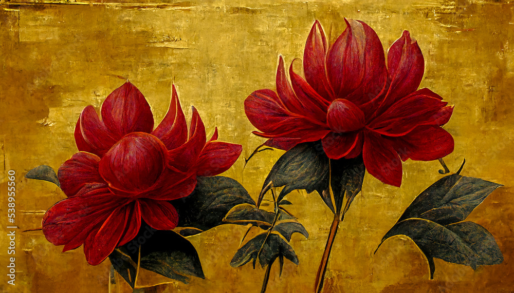 red flowers on golden background. Thai paint. thai art. antique ...