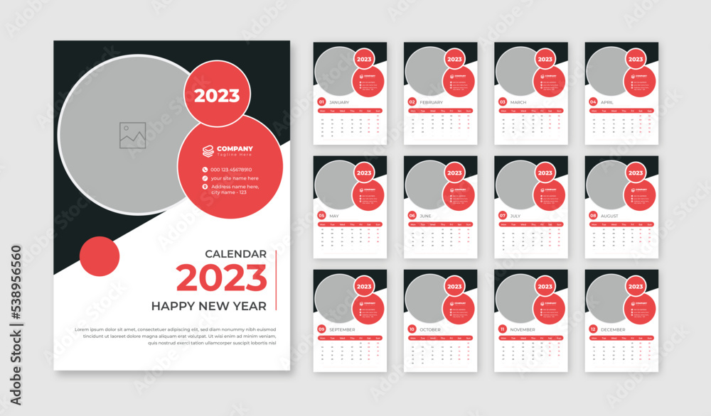 Red Wall calendar design template for 2023, Vector illustration, Week ...