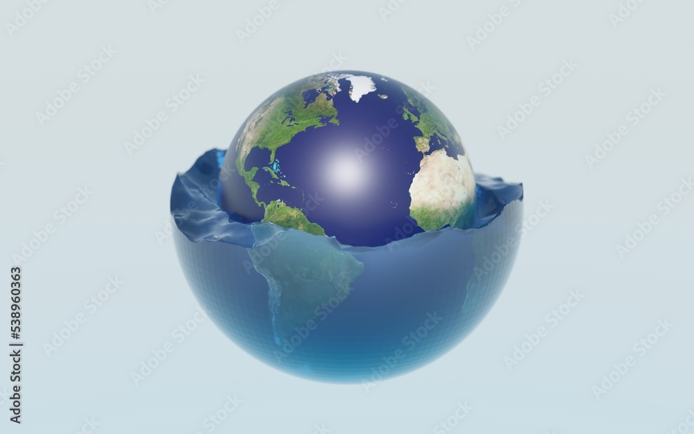 Sea level rise. The world drowning in water. 3D render global warming ...