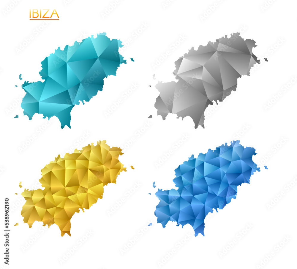 Vektor Set of vector polygonal maps of Ibiza. Bright gradient map of ...