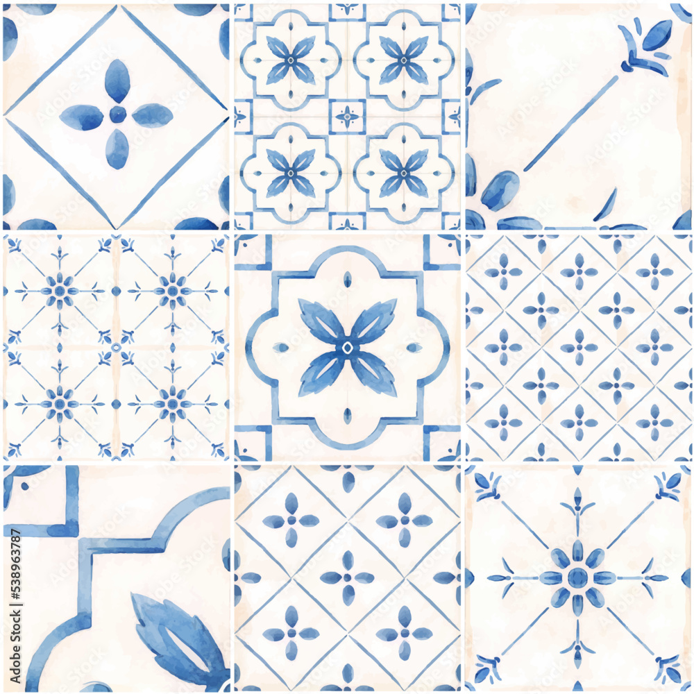 Beautiful vector seamless pattern with watercolor hand drawn blue dutch ...