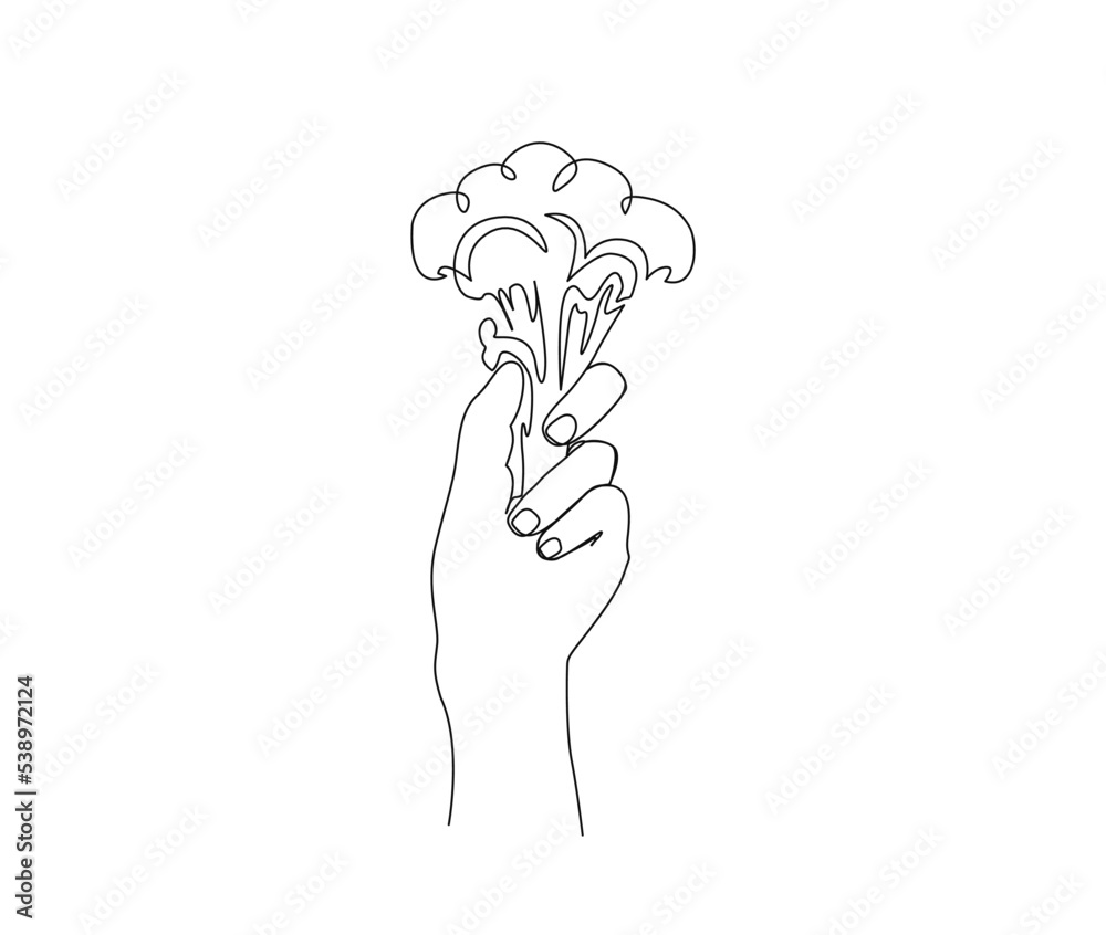 Continuous one line drawing of hand holding broccoli. Fresh broccoli ...