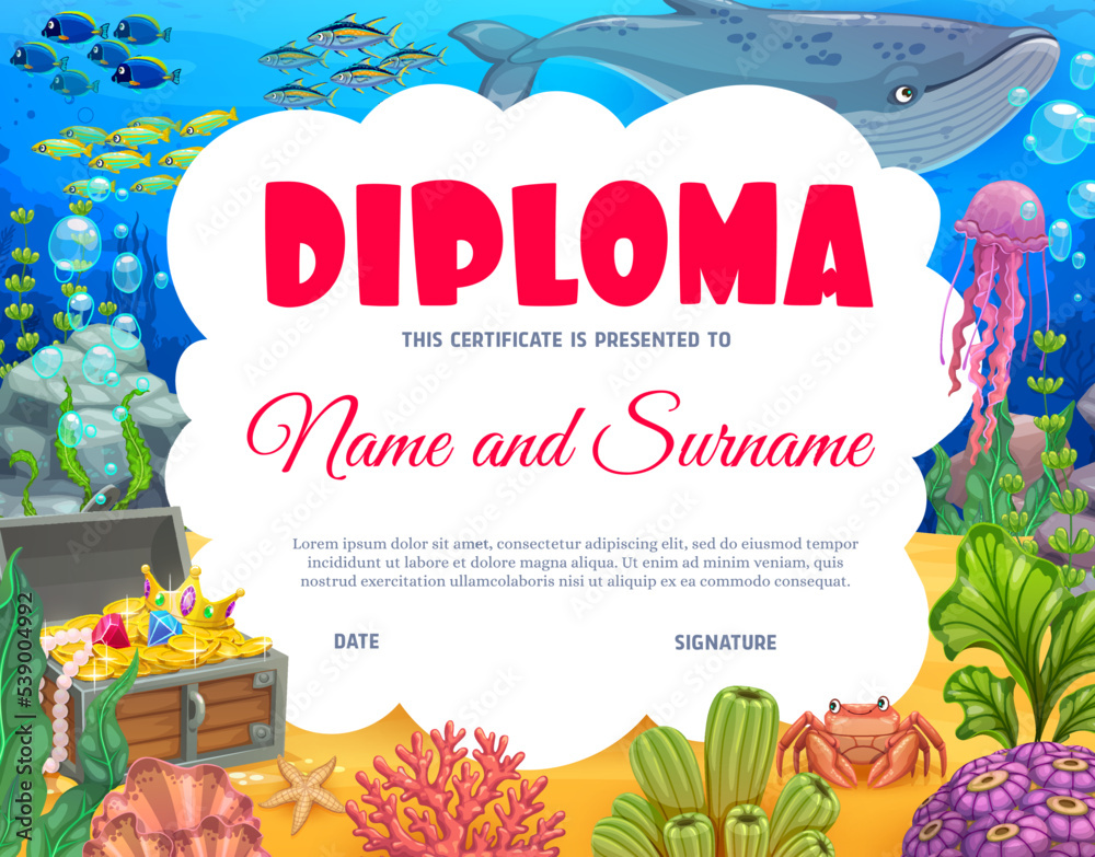 Vector de Stock Cartoon kids diploma with underwater landscape and ...