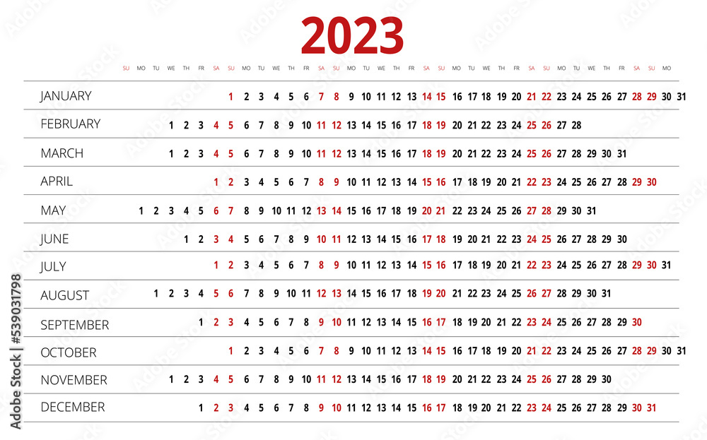 Calendar linear for 2023 year. Stationery Design Print Template. Yearly ...