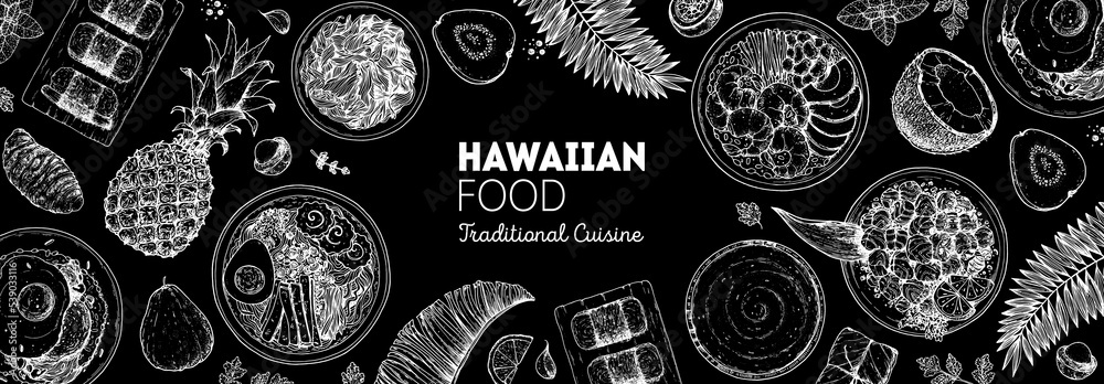 Hawaiian food top view vector illustration. Food menu design template ...