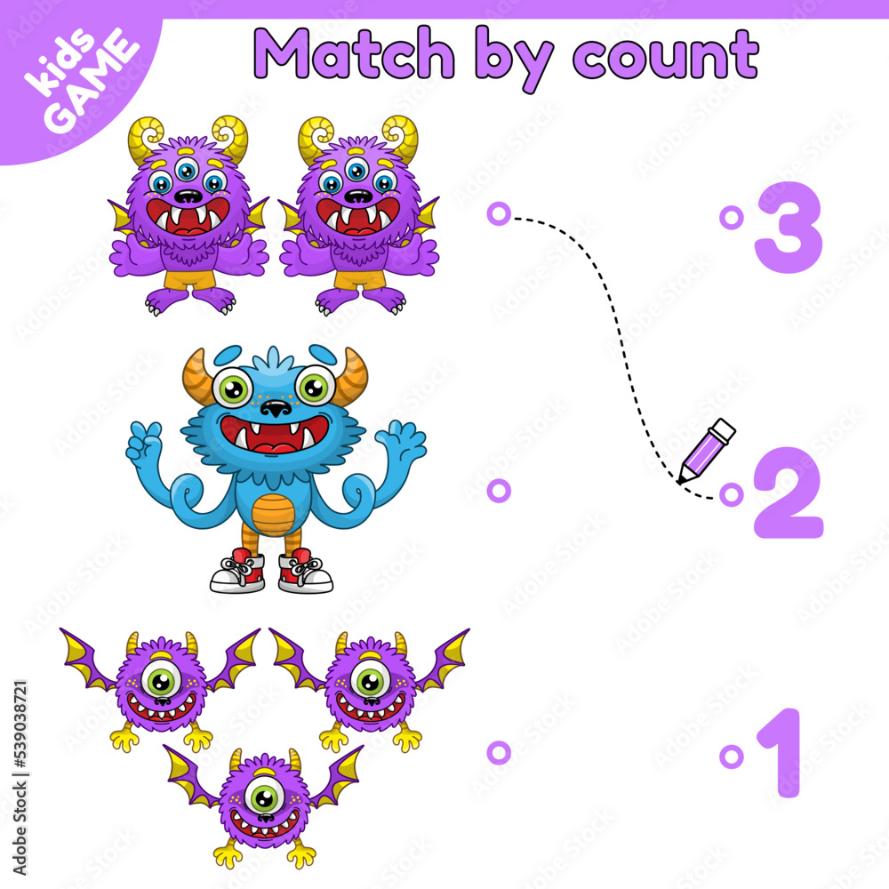 Count and match cartoon monsters and numbers. Math educational game for ...