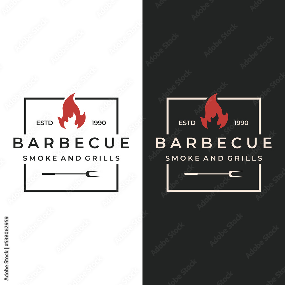 Grilled barbecue typography Logo design with crossed fire and spatula ...